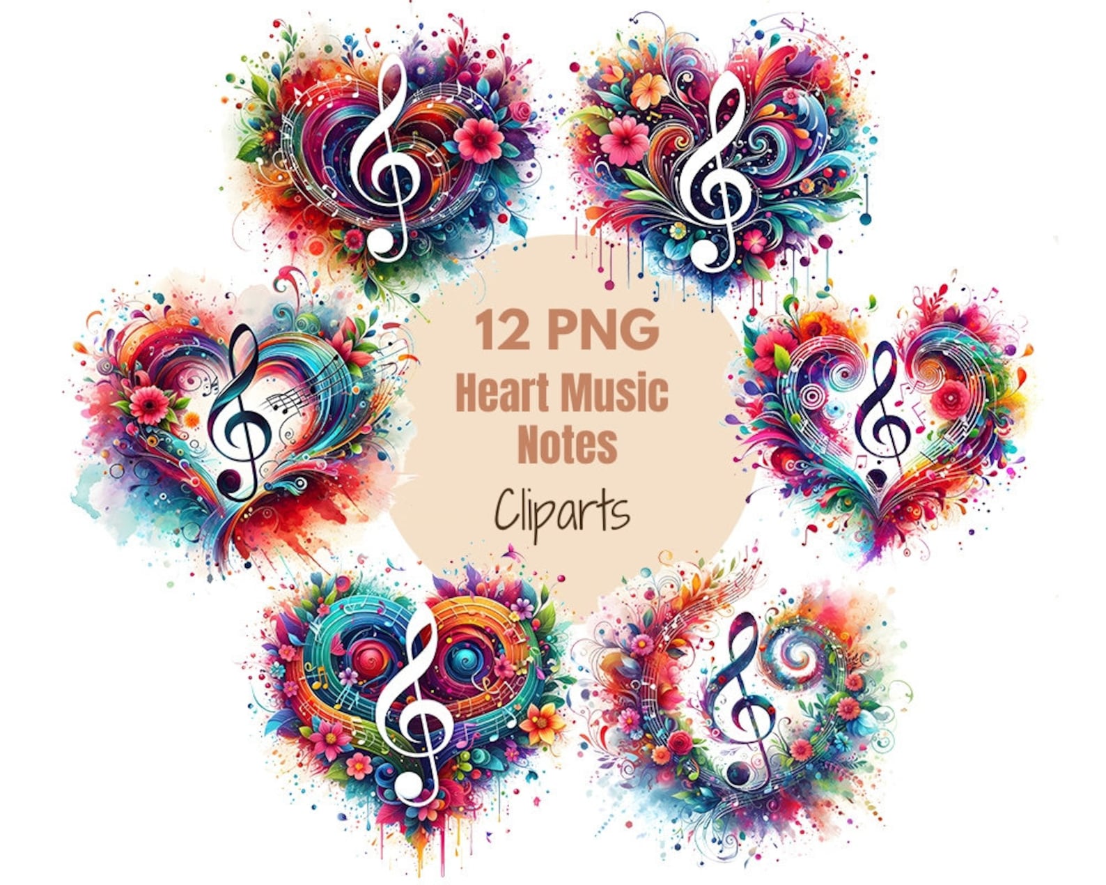 Heart Music Note Clipart Bundle, Watercolor Music Note Graphics, Floral ...