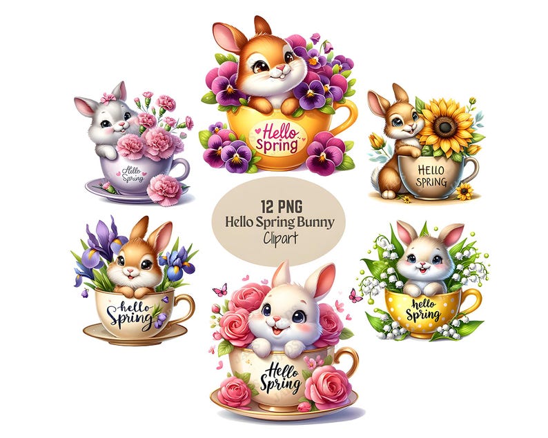 Watercolor Bunny Clipart Bundle: Spring Teacup PNG Graphics (commercial ...