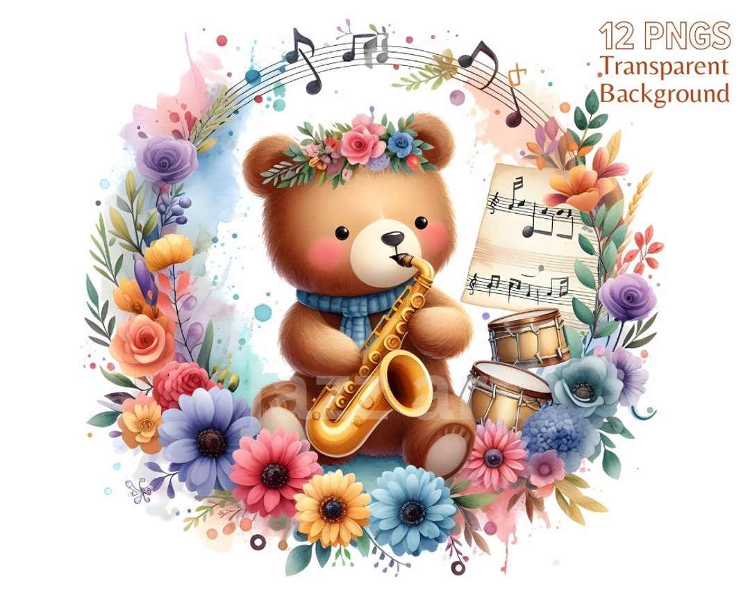 Musical Bear Clipart: Watercolor Teddy Bear PNG Bundle (commercial Use ...
