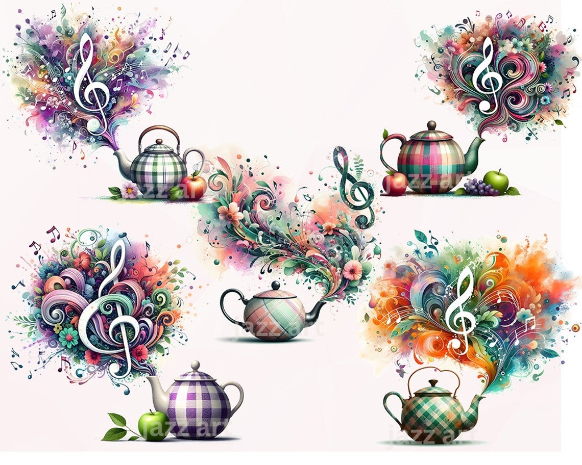 Teapot and Music Notes Clipart Bundle, Tea Party Clipart, Watercolor ...