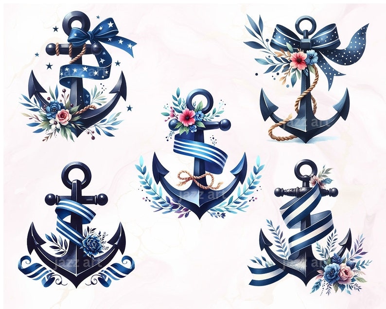 Steel Blue Anchor Clipart Bundle, Nautical Clipart, Nautical Wall Art ...
