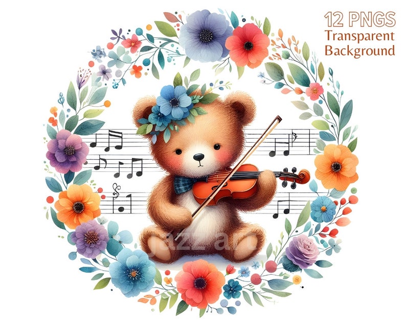 Musical Bear Clipart: Watercolor Teddy Bear PNG Bundle (commercial Use ...