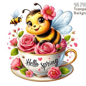 Spring Bee Clipart Bundle: Watercolor Teacup Floral PNG (commercial Use ...