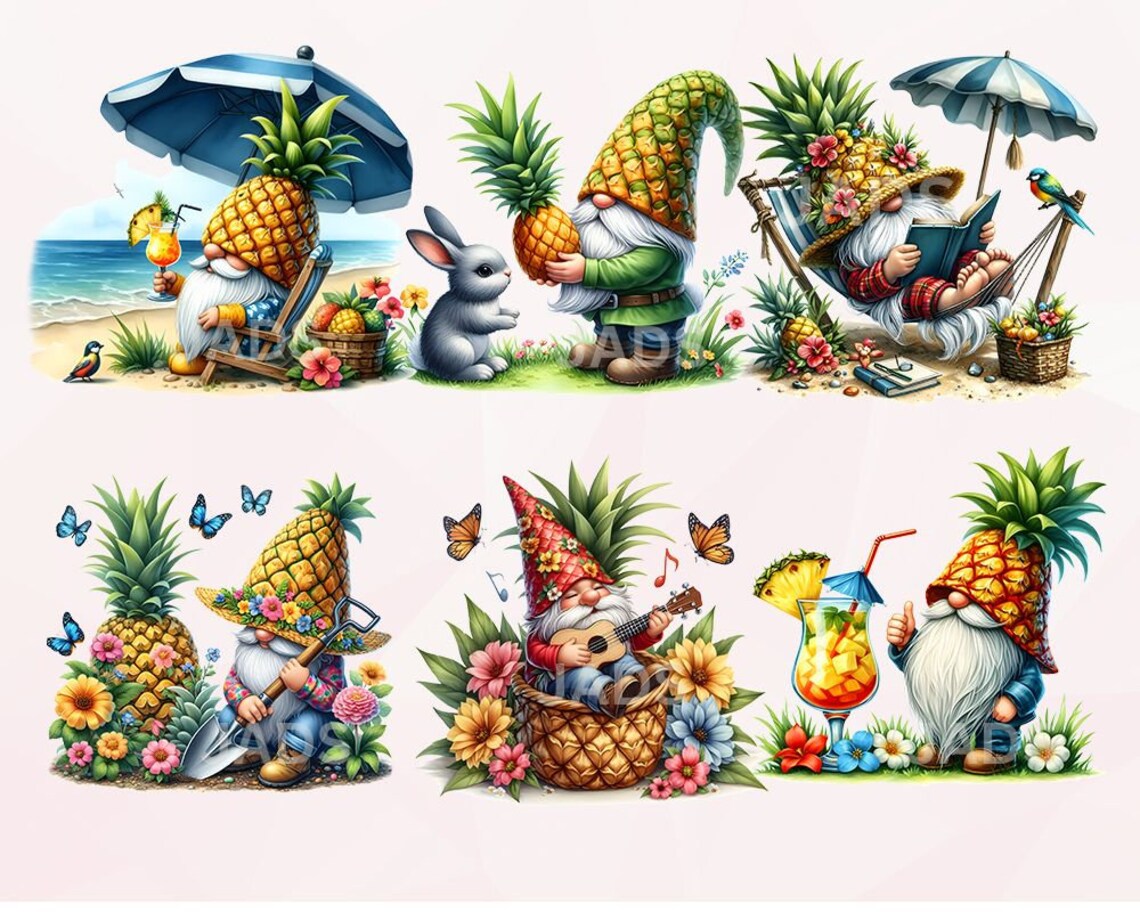 Pineapple Gnome Clipart Bundle: Summer Watercolor PNG Graphics ...