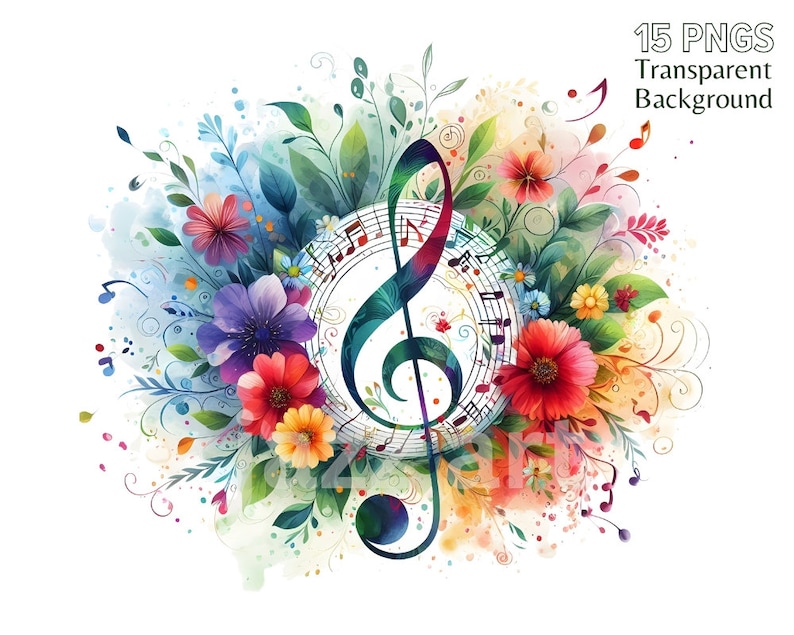 Watercolor Music Notes Clipart: Floral Melody PNG Graphics (commercial ...