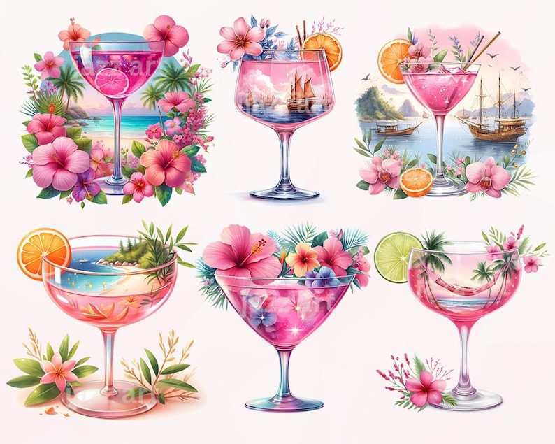 Pink Tropical Cocktail Clipart: Summer Watercolor Drinks (PNG Digital ...