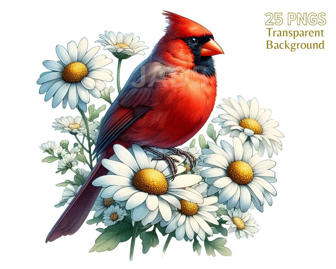 Red Cardinal & Flowers Clipart Bundle: Watercolor Bird PNG (commercial ...