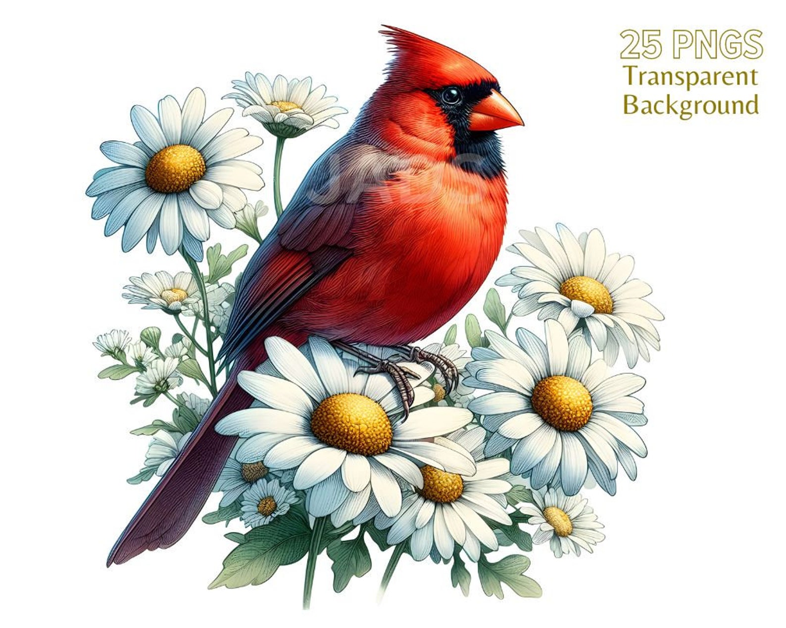 Red Cardinal & Flowers Clipart Bundle: Watercolor Bird PNG (commercial ...