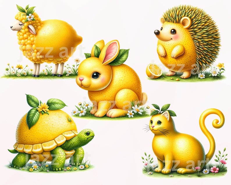 Lemon Animals Clipart Bundle: Watercolor PNG Graphics (commercial Use ...