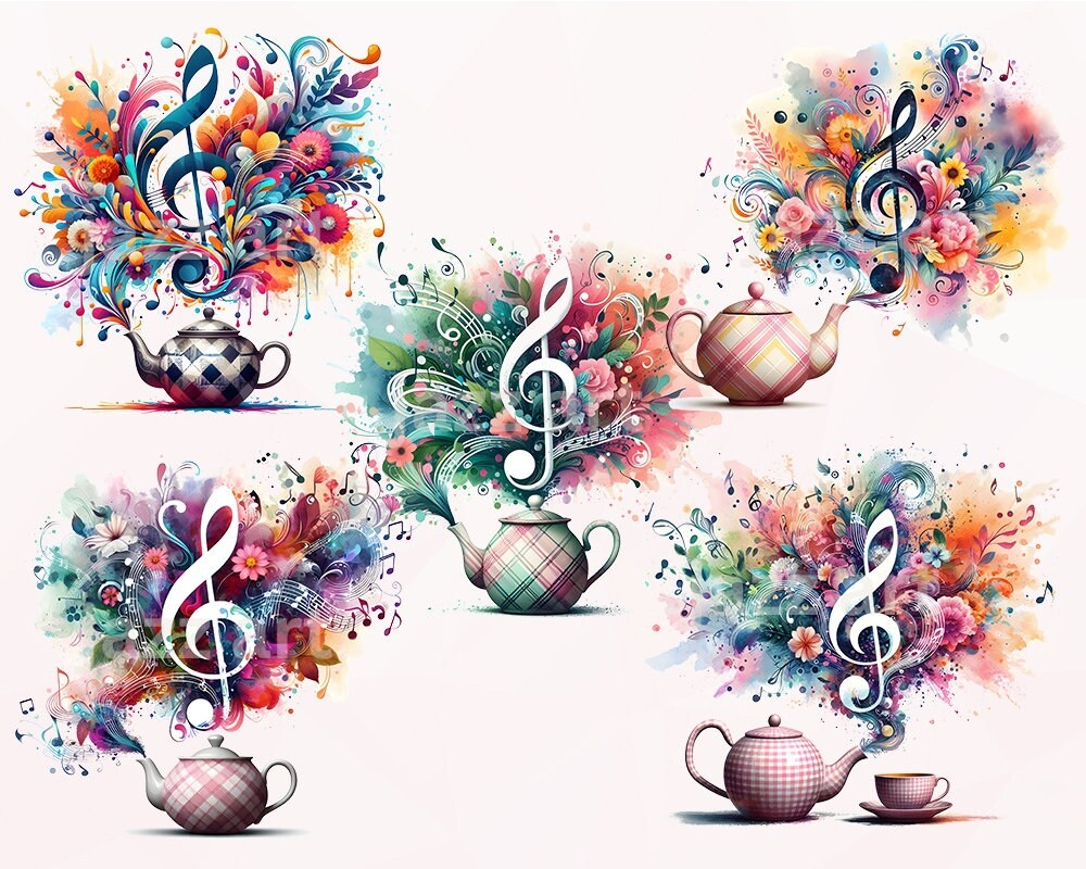 Teapot and Music Notes Clipart Bundle, Tea Party Clipart, Watercolor ...