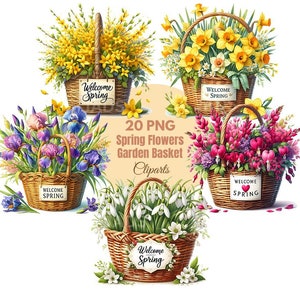 Watercolor Spring Flower Basket Clipart Bundle (PNG, Commercial Use) - Etsy