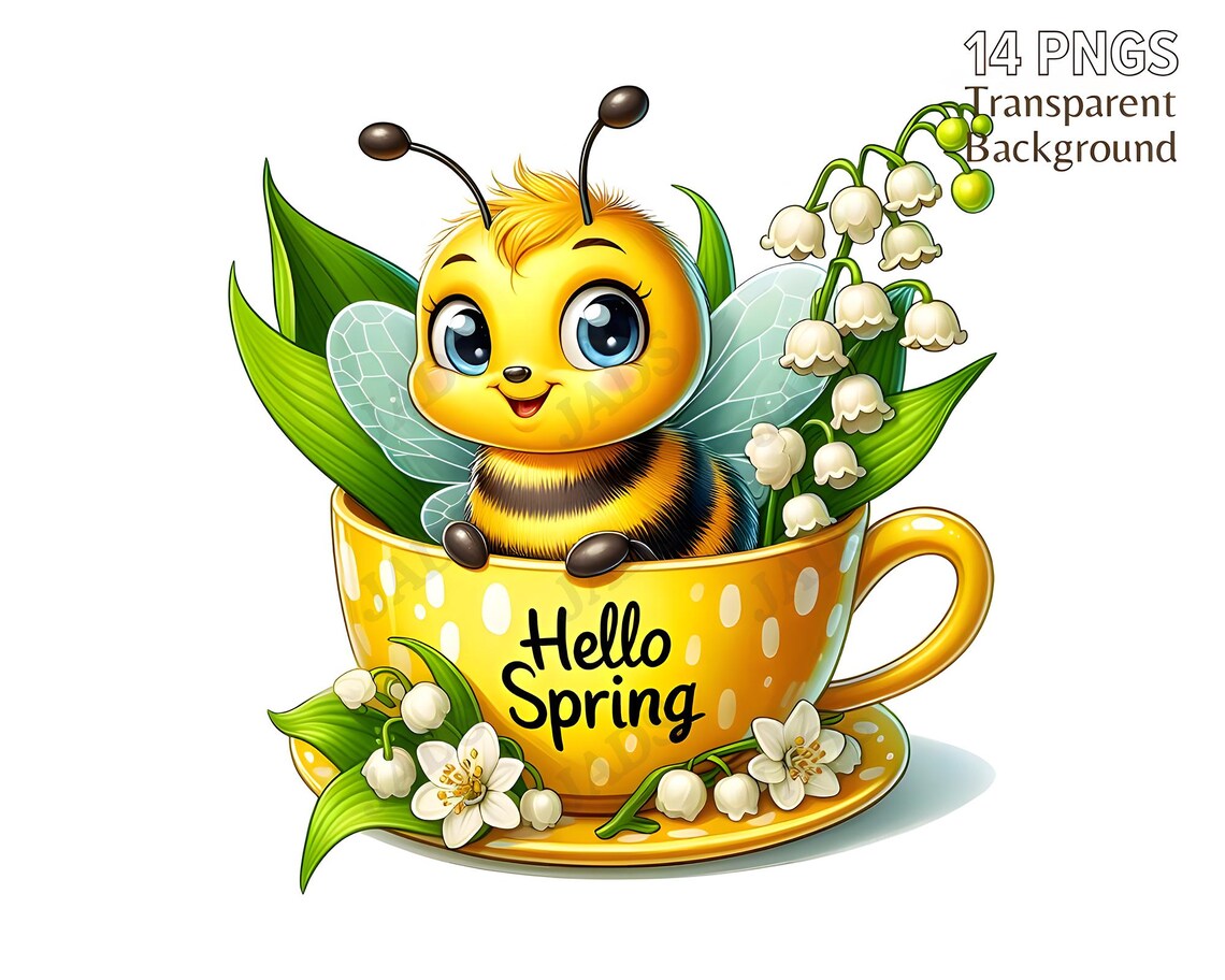 Spring Bee Clipart Bundle: Watercolor Teacup Floral PNG (commercial Use ...