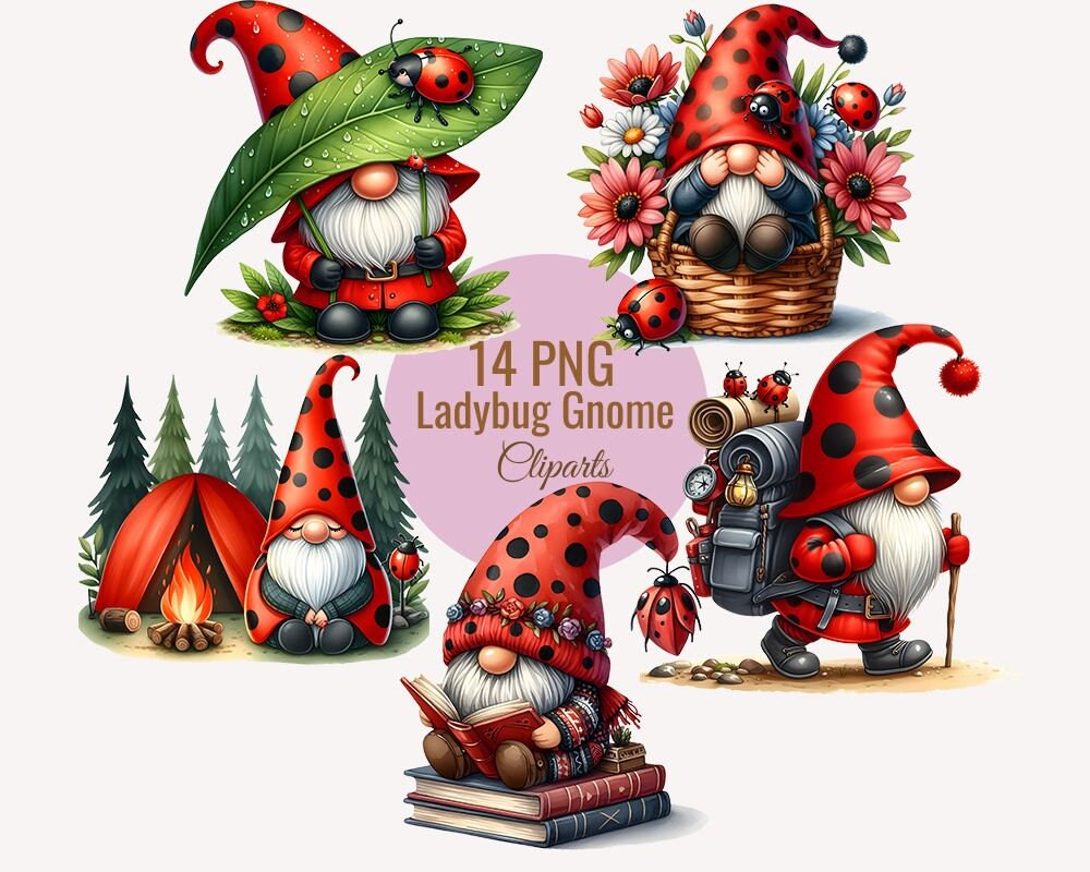 14 Ladybug Gnome Clipart Bundle, Garden Gnome Graphics, Spring Png ...