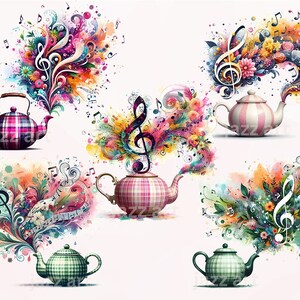 Teapot and Music Notes Clipart Bundle, Tea Party Clipart, Watercolor ...