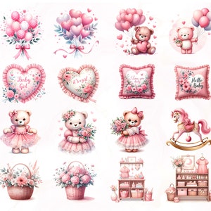 68 Girl Babyshower Clipart Bundle, Baby Girl Png, It's a Girl Png, Pink ...