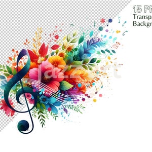 Watercolor Music Notes Clipart: Floral Melody PNG Graphics (commercial ...