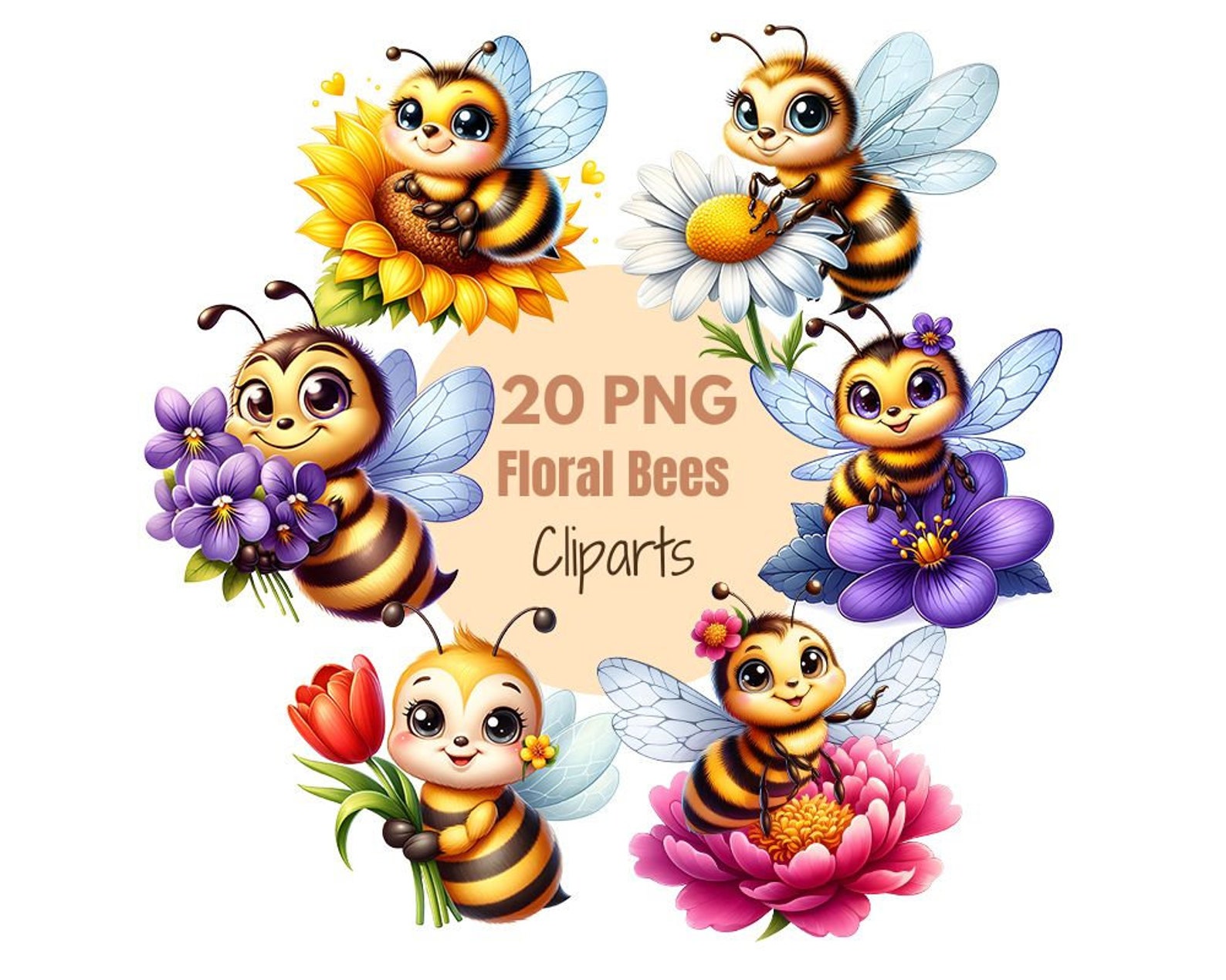 Floral Bee Clipart Bundle: Watercolor Bee PNG, Commercial Use (digital ...