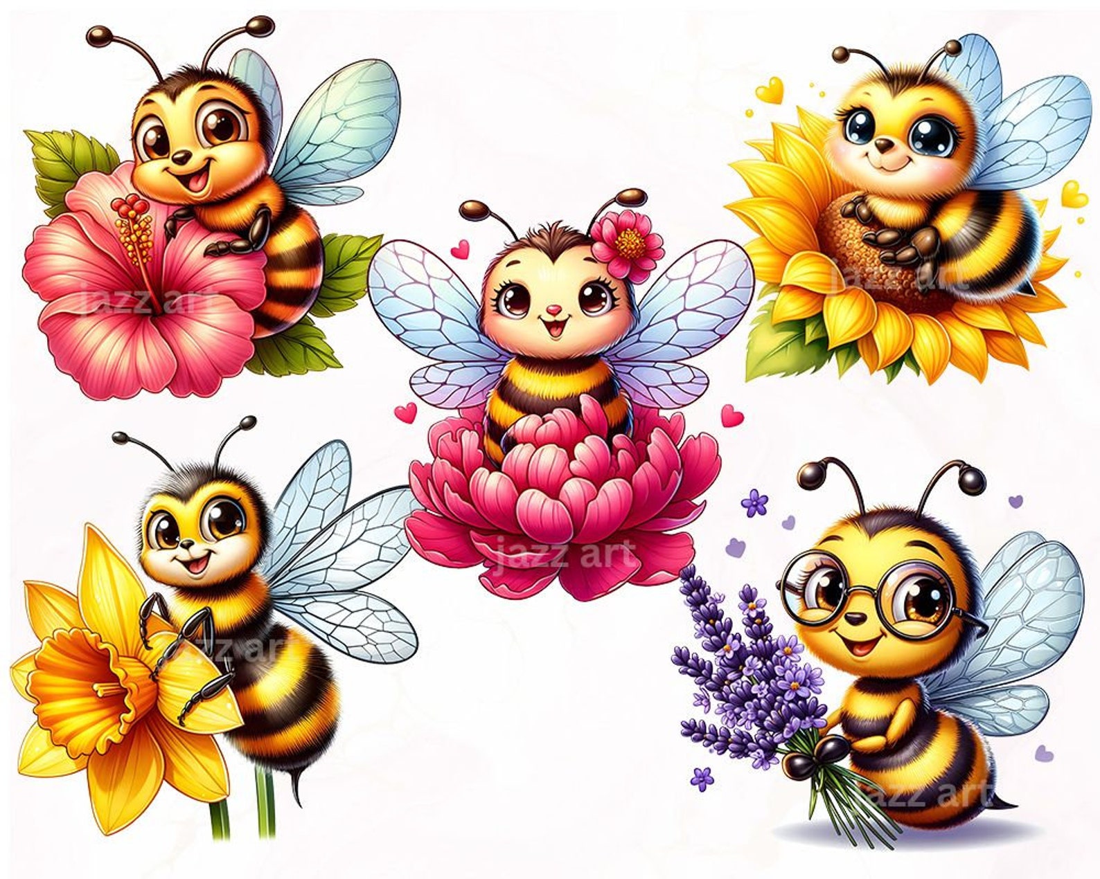 Floral Bee Clipart Bundle: Watercolor Bee PNG, Commercial Use (digital ...