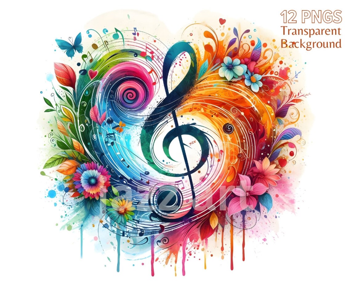 Heart Music Note Clipart Bundle, Watercolor Music Note Graphics, Floral ...