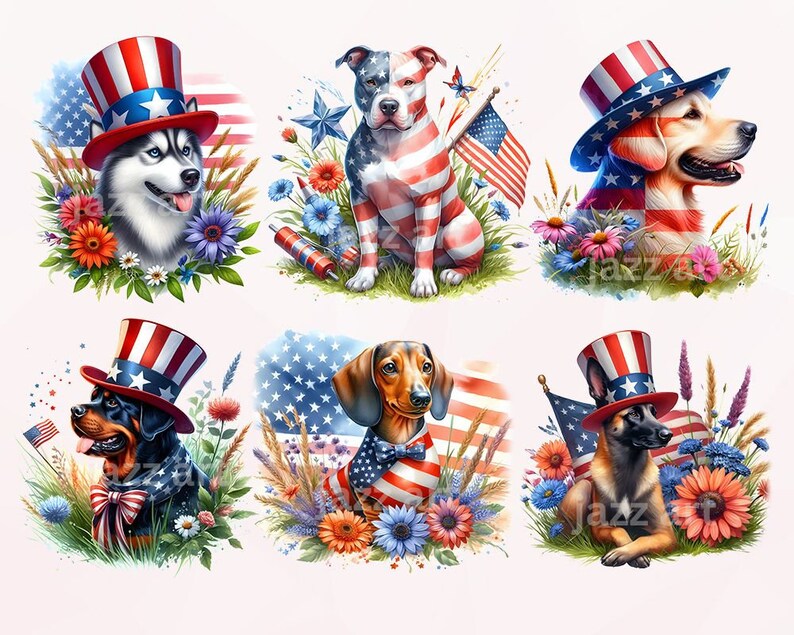 Patriotic Dogs Clipart Bundle, 4th of July Graphics, Watercolor Dogs ...