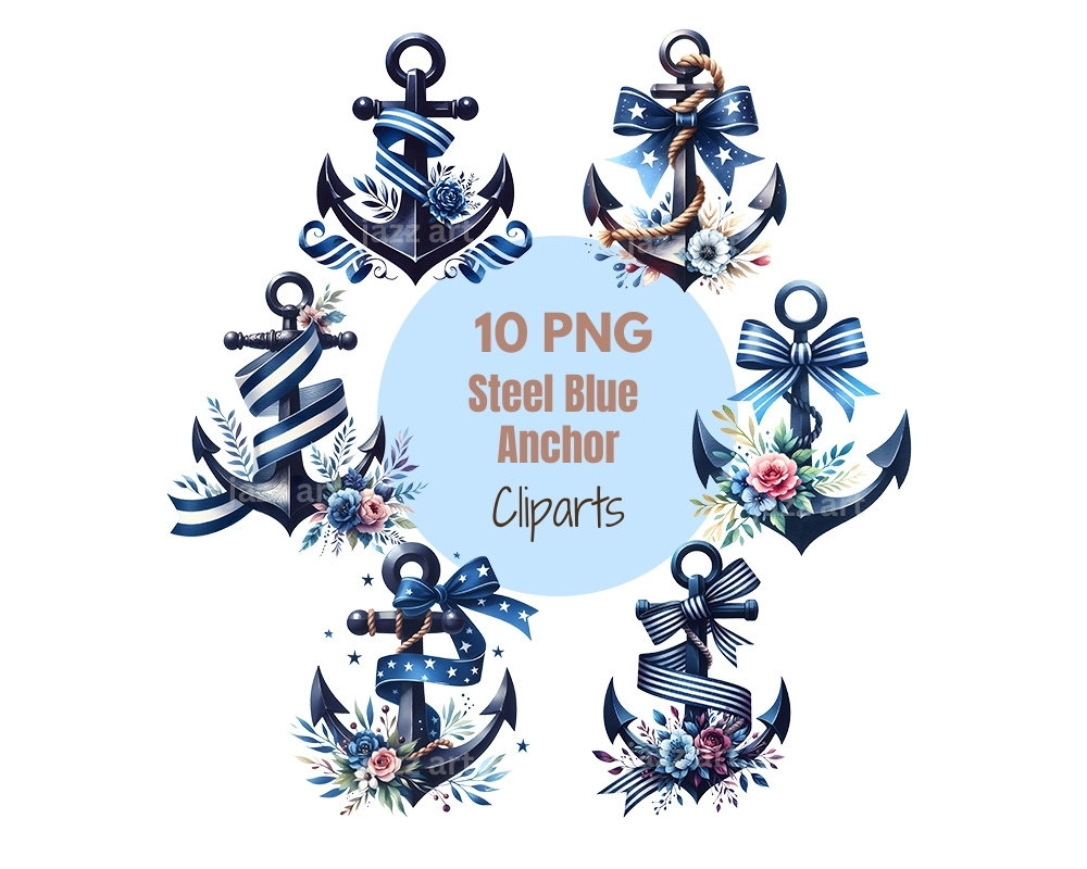 Steel Blue Anchor Clipart Bundle, Nautical Clipart, Nautical Wall Art ...