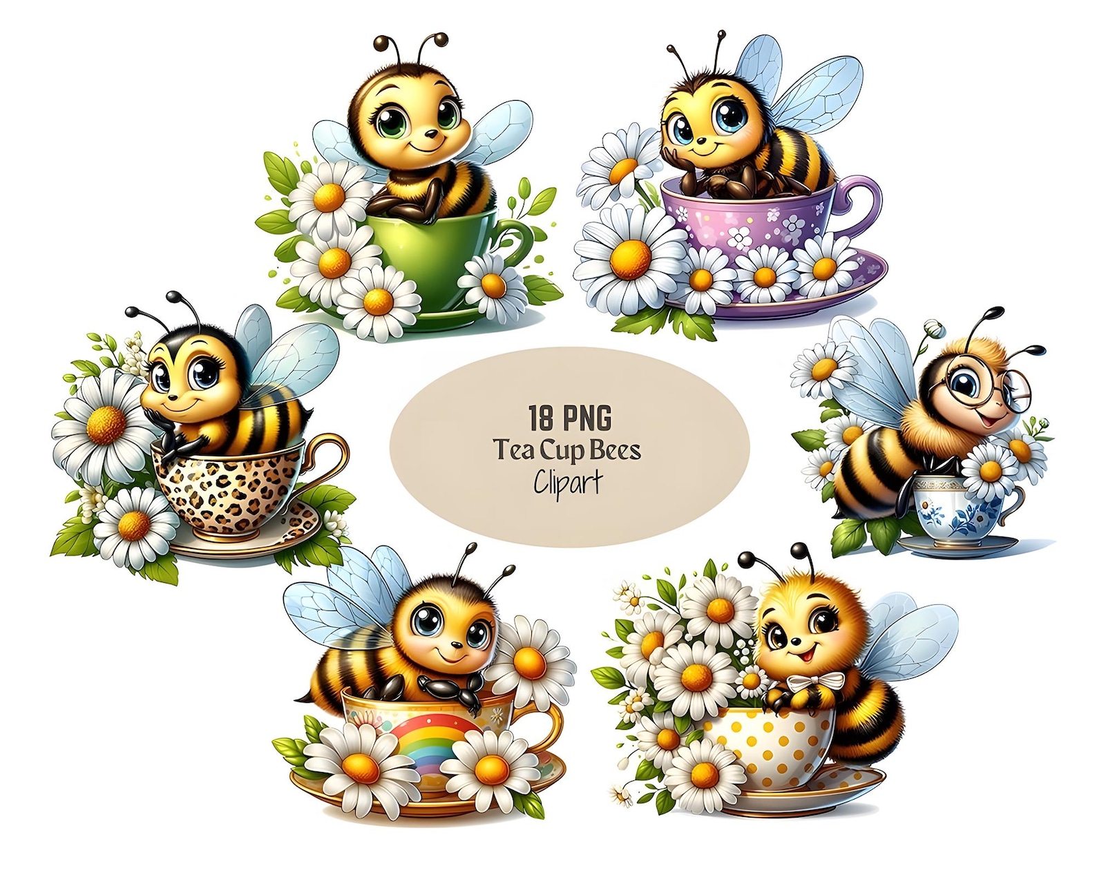 Tea Cup Bees and Daisy Clipart Bundle, Cute Bee Clipart, Honeybee ...