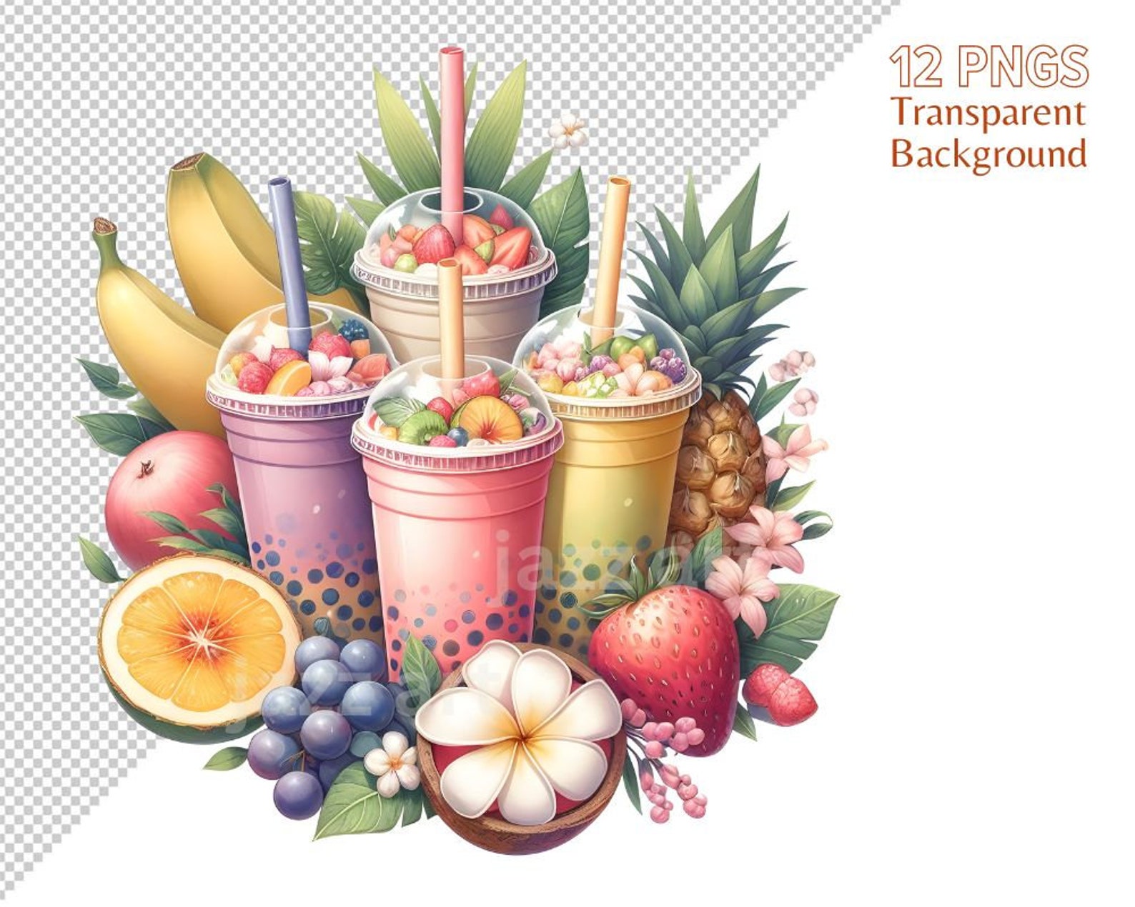 Summer Bubble Tea Clipart Bundle, Watercolor Bubble Tea, Bubble Tea ...