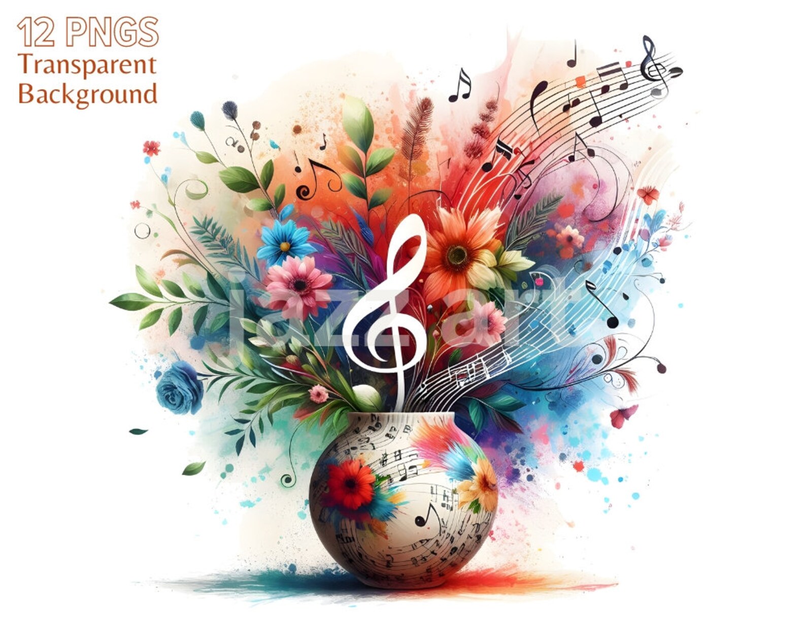 Watercolor Vase Musical Notes Clipart: Floral Music PNG Bundle ...