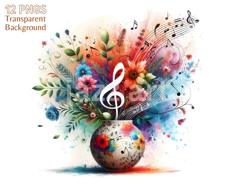 Watercolor Vase Musical Notes Clipart: Floral Music PNG Bundle ...