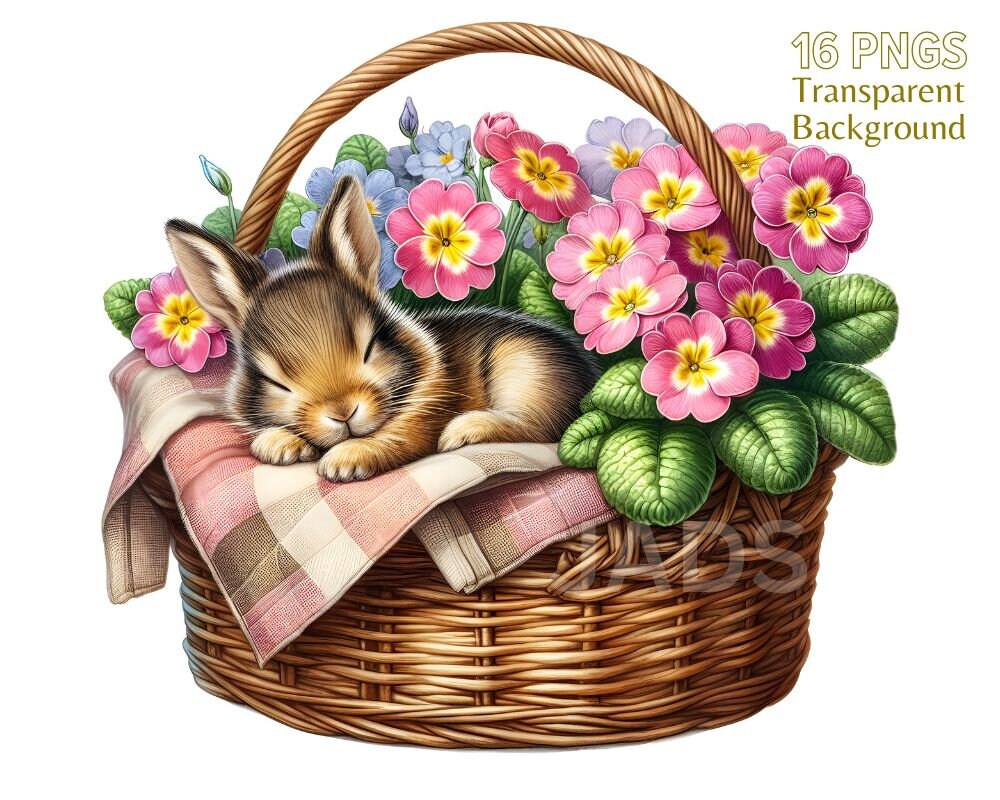 16 Bunny and Spring Flowers Clipart Bundle, Watercolor Rabbit Graphics ...