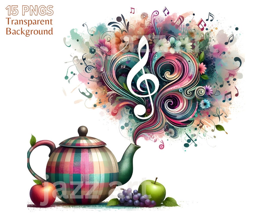 Teapot and Music Notes Clipart Bundle, Tea Party Clipart, Watercolor ...