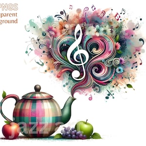Teapot and Music Notes Clipart Bundle, Tea Party Clipart, Watercolor ...