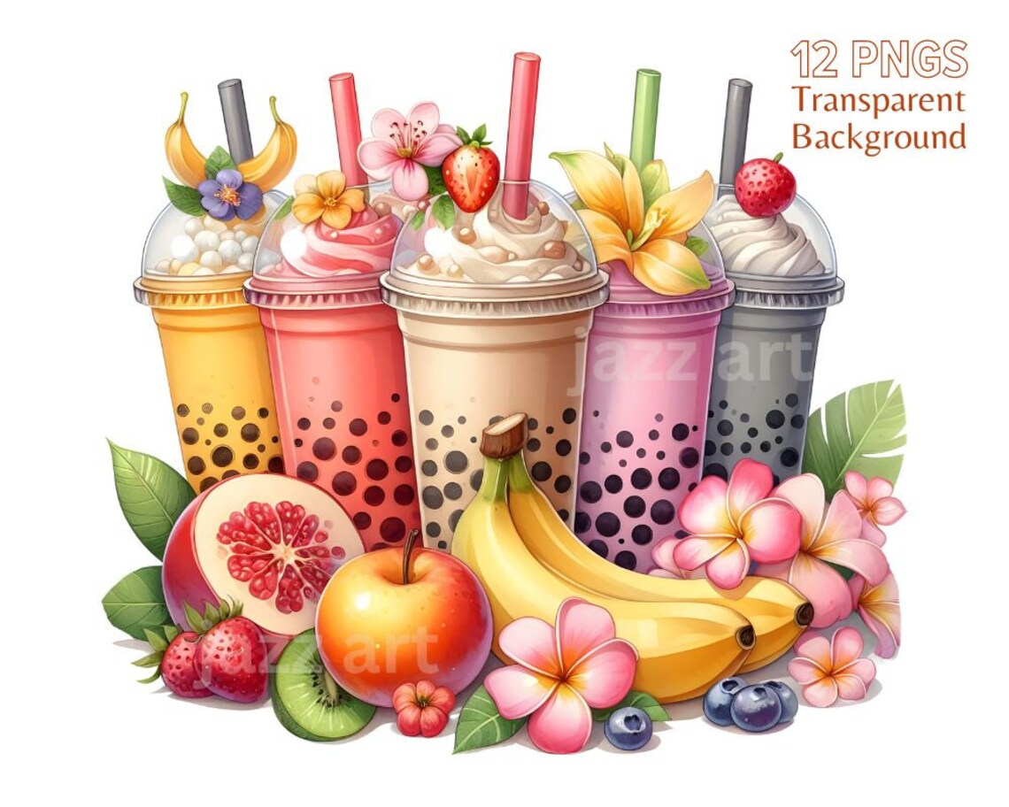 Summer Bubble Tea Clipart Bundle, Watercolor Bubble Tea, Bubble Tea ...