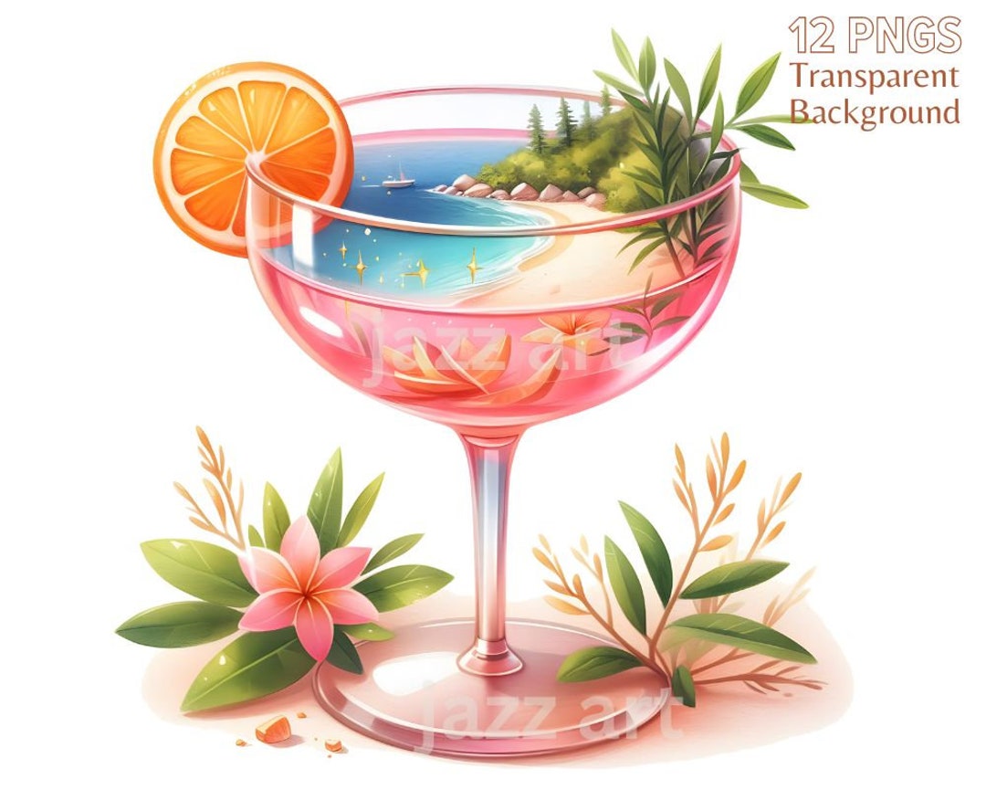 Pink Tropical Cocktail Clipart: Summer Watercolor Drinks (PNG Digital ...