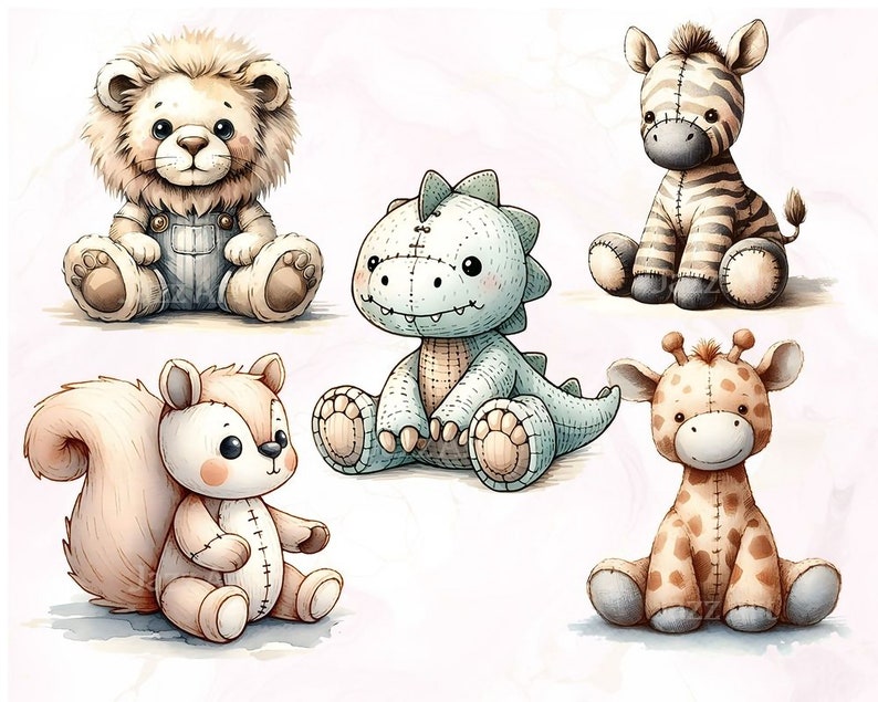 Vintage Plush Animal Clipart Bundle: Watercolor Nursery Art (digital ...