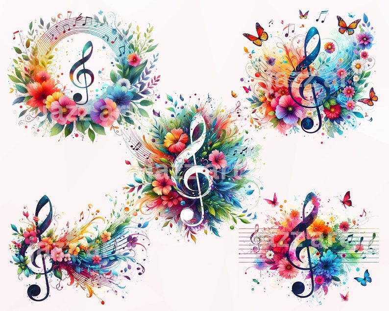 Watercolor Music Notes Clipart: Floral Melody PNG Graphics (commercial ...