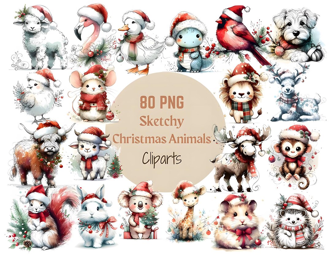 Watercolor Christmas Animals Clipart Bundle: Festive PNG Graphics ...