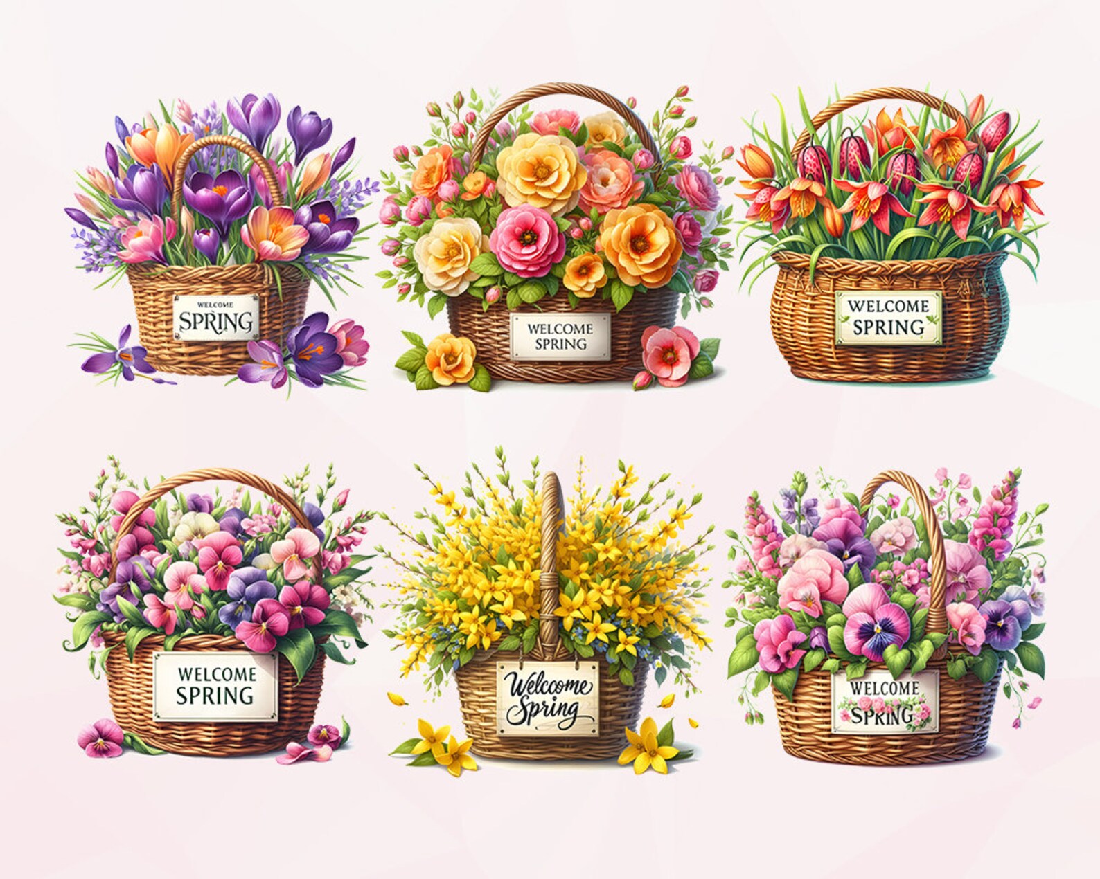 Watercolor Spring Flower Basket Clipart Bundle (PNG, Commercial Use) - Etsy