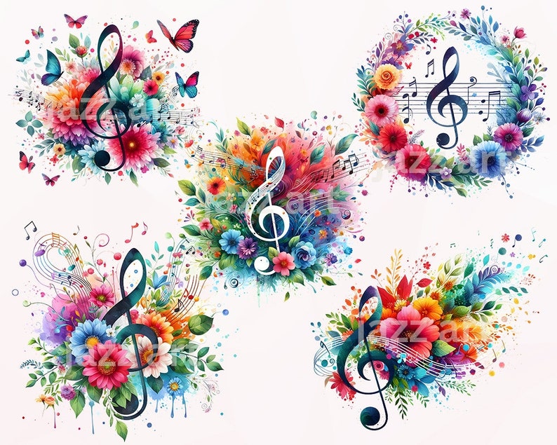 Watercolor Music Notes Clipart: Floral Melody PNG Graphics (commercial ...