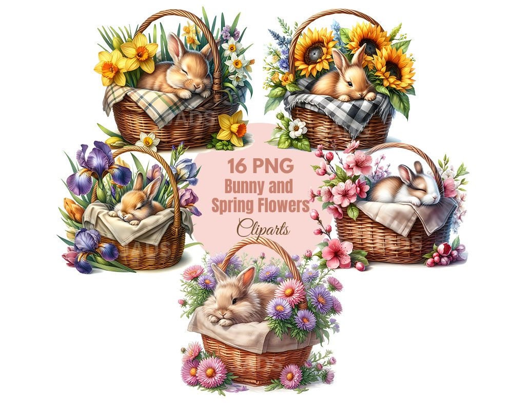 16 Bunny and Spring Flowers Clipart Bundle, Watercolor Rabbit Graphics ...