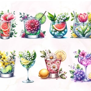Watercolor Floral Cocktail Clipart: Summer Drink PNG Bundle (commercial ...