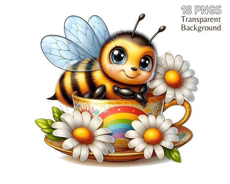Tea Cup Bees and Daisy Clipart Bundle, Cute Bee Clipart, Honeybee ...