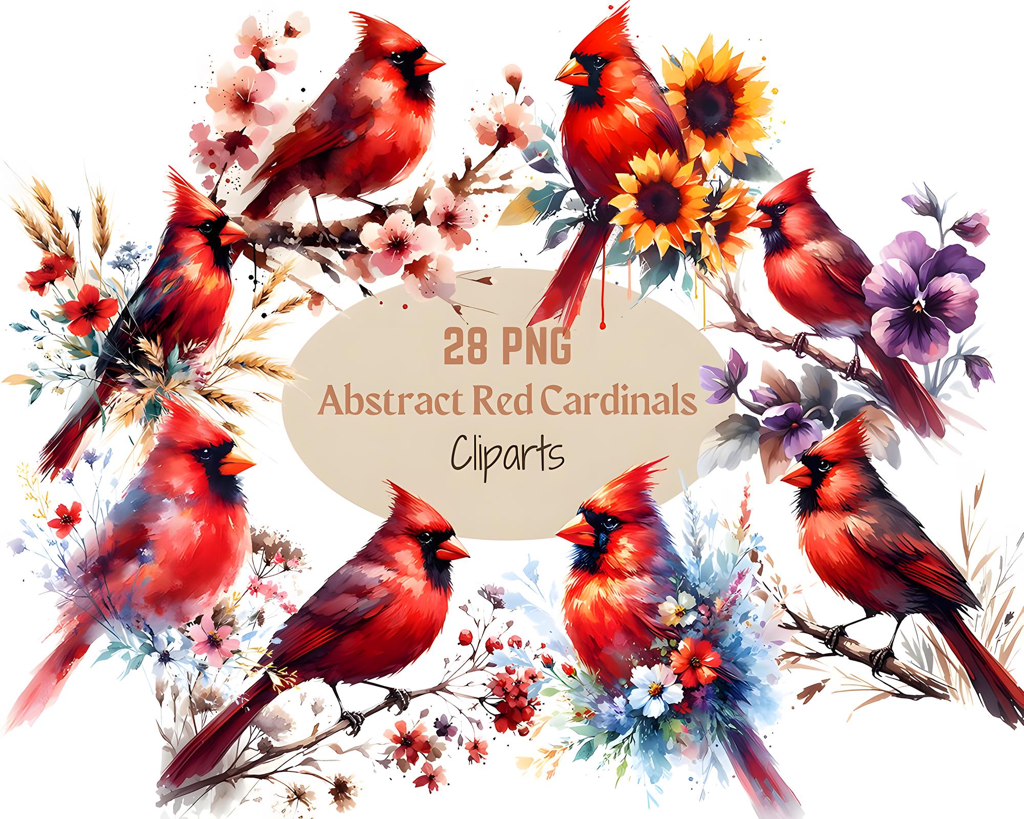 Abstract Red Cardinal Clipart Bundle: Watercolor Bird PNG (digital ...