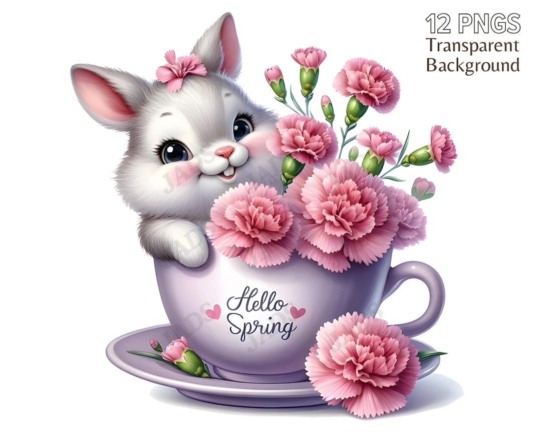 Hello Spring Bunny Clipart Bundle, Watercolor Bunny Png, Cute Rabbit ...