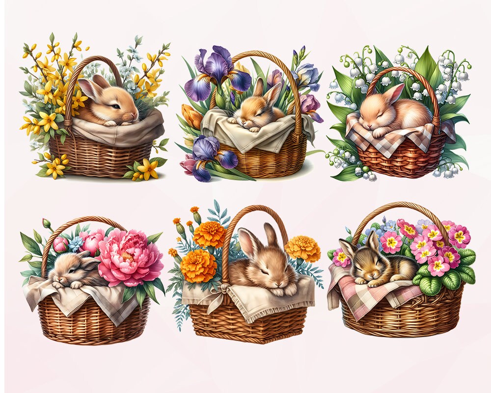 16 Bunny and Spring Flowers Clipart Bundle, Watercolor Rabbit Graphics ...