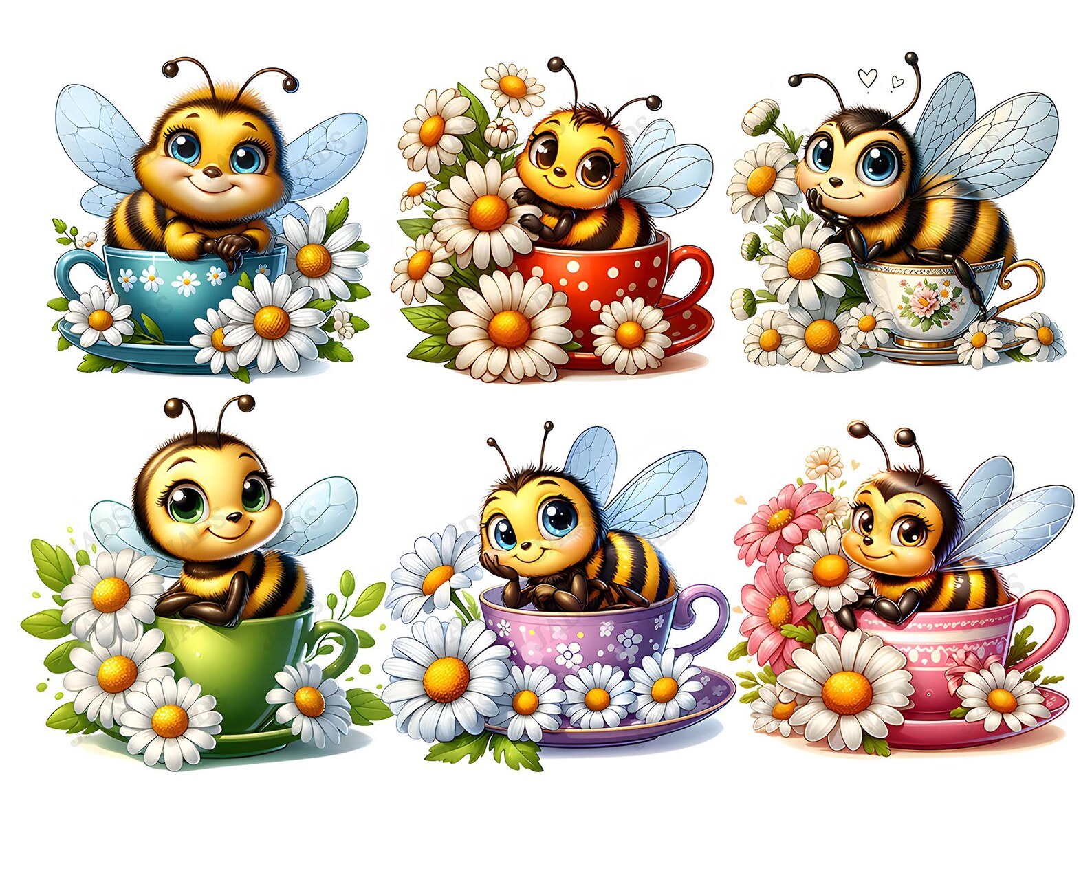 Watercolor Teacup Bee Clipart Bundle: Daisy Flower PNG (commercial Use ...