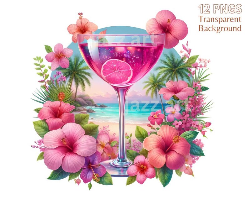 Pink Tropical Cocktail Clipart: Summer Watercolor Drinks (PNG Digital ...