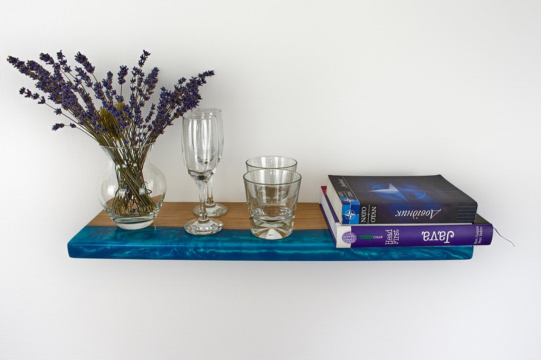 Blue Epoxy Resin Straight Edge Shelf, Custom Wooden Floating Shelves ...