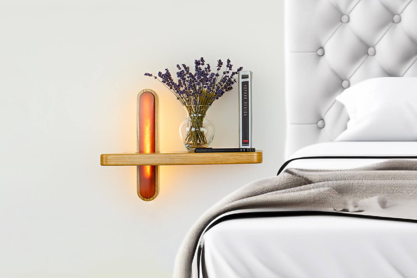 Stylish Bedside Shelf With Built-in Lamp, Oak Wall Shelf for Bedroom ...