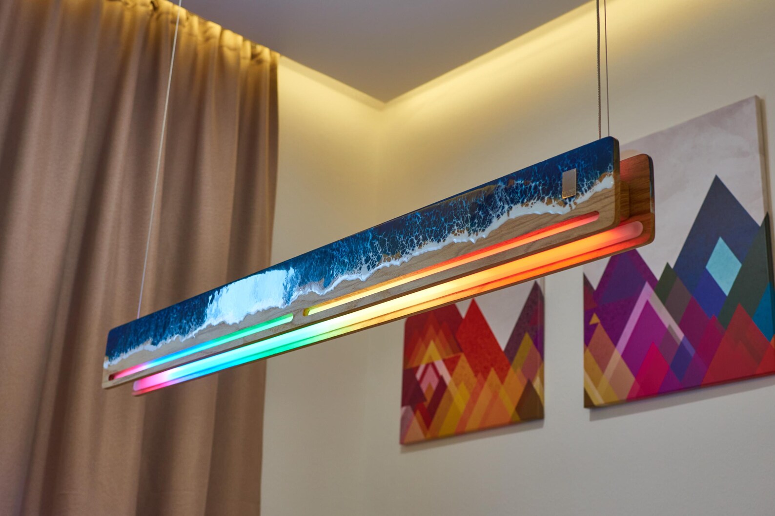 Wave Epoxy Resin LED Pendant Light With RGB, Wooden Linear Lamp, Ocean ...